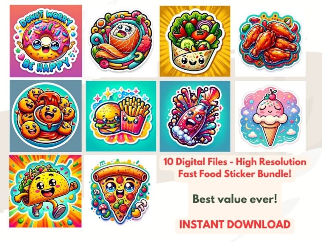 Fast Food Sticker Pack, Cute Cartoon Food Stickers, Digital Download ...