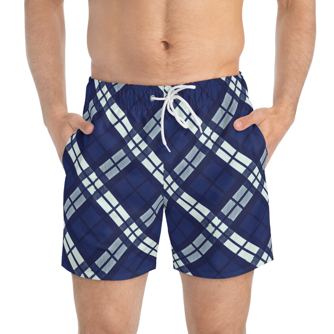 Plaid Mens Swim Trunks Blue Swimming Suit Casual Pool Fashion Loose ...