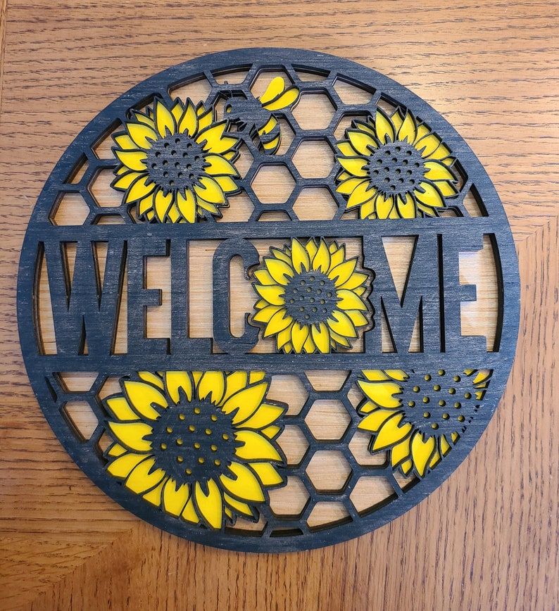 Wood Wall Art-welcome With Sunflowers and Bumble Bee - Etsy