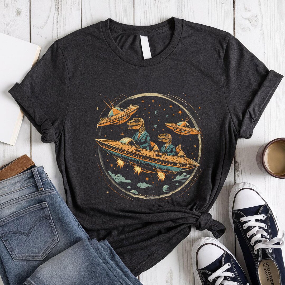 Dinosaur UFO Encounter Tee, Humorous Alien Dino Design, Sleek Meme T ...