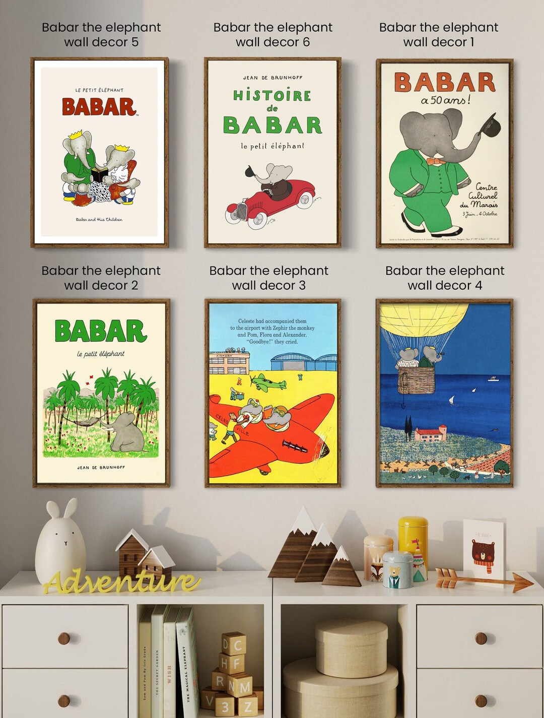 Babar the Elephant Wall Decor Canvas Nursery Set of 9, Printable All ...