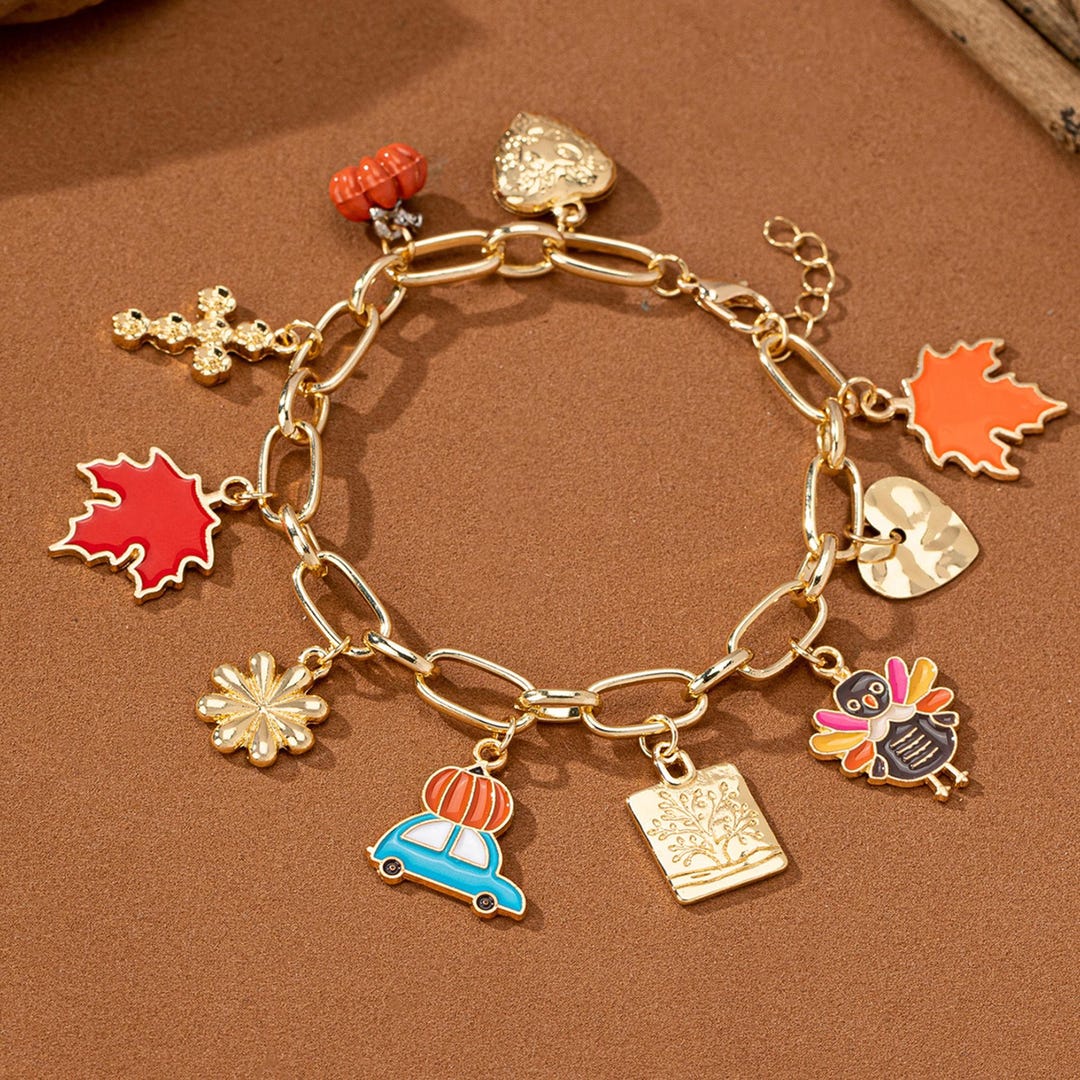 Thanksgiving Bracelet,fall Leaf Charm Bracelet,turkey Bracelet,autumn ...