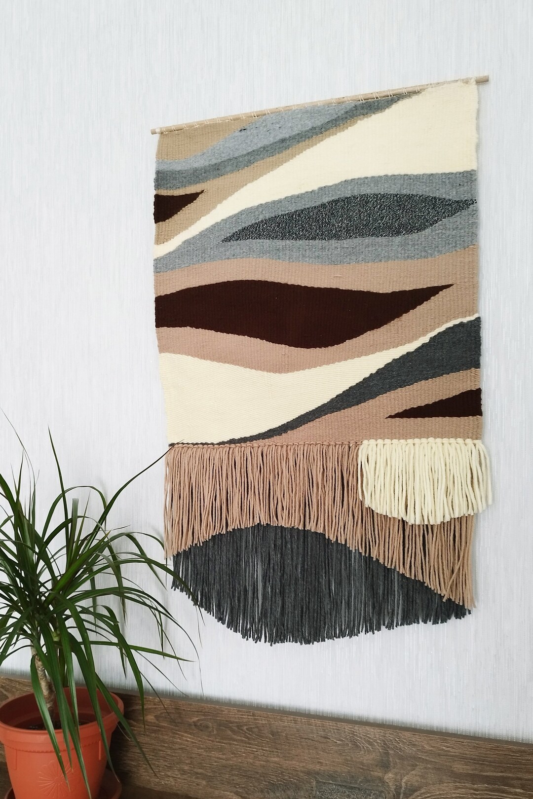 Woven Artwork in Neutral Colors, Multicolored Yarn, Boho Home Decor ...
