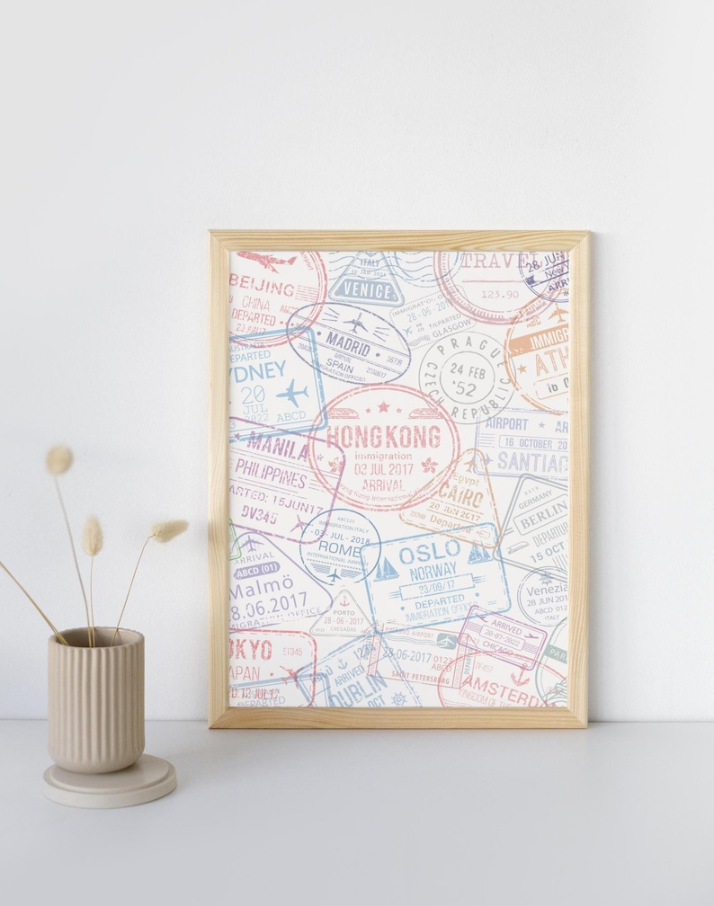 Vintage Passport Stamps Collage Art Print: Travel Theme Decor (digital ...