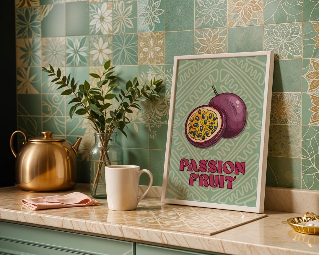 Passion Fruit | Colourful Retro Kitchen Art | Purple Passion Fruit Poster, Tropical Fruit Wall ...