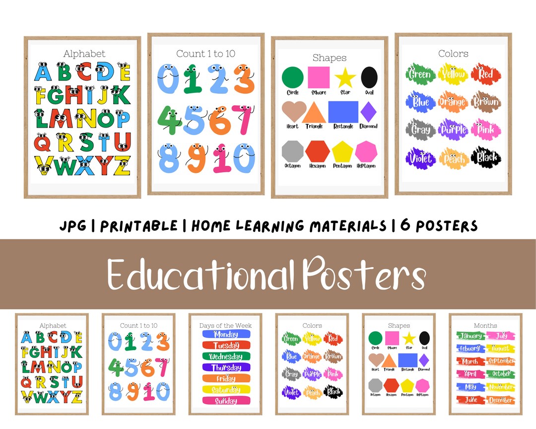 Educational Abcs Numbers Shapes Colors Poster for Kids Bedroom Learning ...