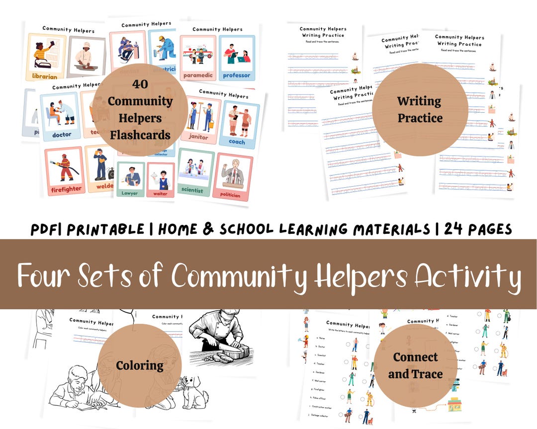 Four Sets of Community Helpers Worksheets Color Trace and Write Busy ...