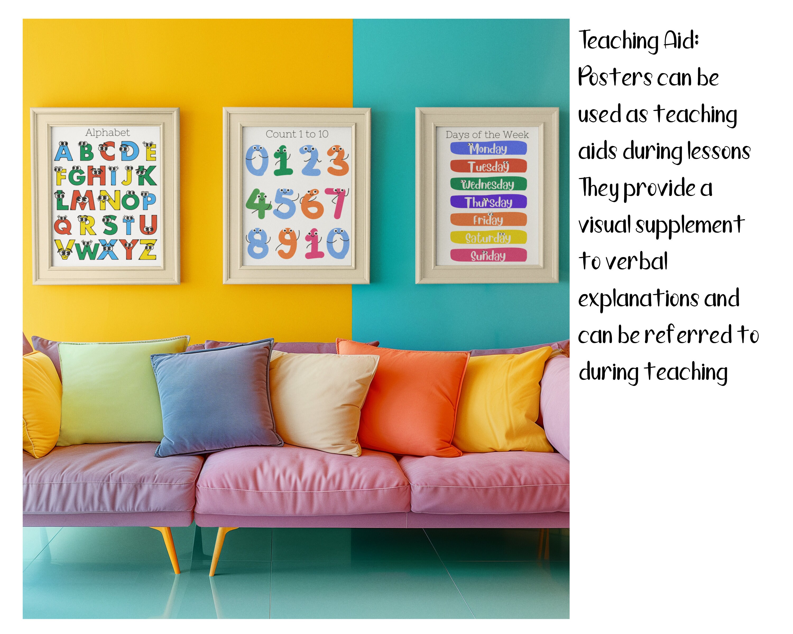 Educational Abcs Numbers Shapes Colors Poster for Kids Bedroom Learning ...