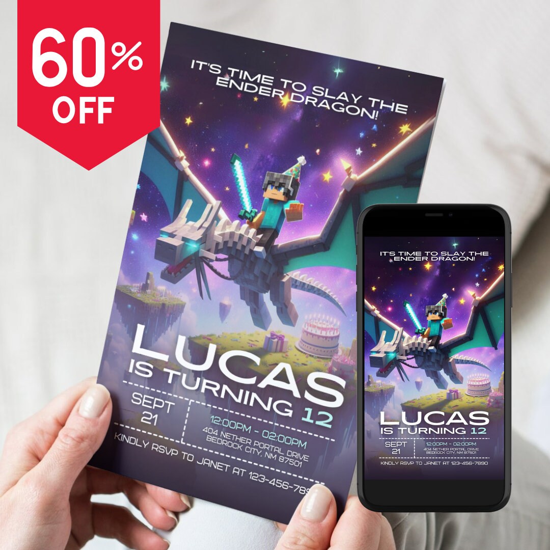 Minecrafter Ender Dragon Birthday Invitation, Minecrafter Invite, Minecraft Party Template, Boy ...