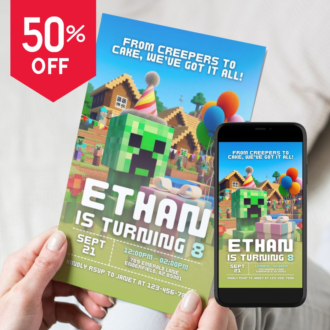 Minecrafter Birthday Invitation, Minecrafter Creeper Invite, Minecraft ...