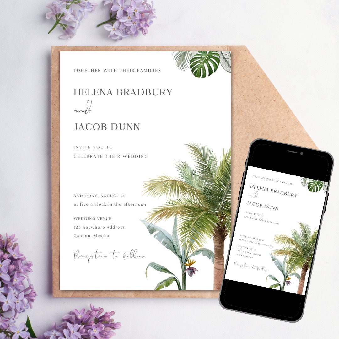 Palm Tree Wedding Invitation Template Minimal Tropical Wedding ...