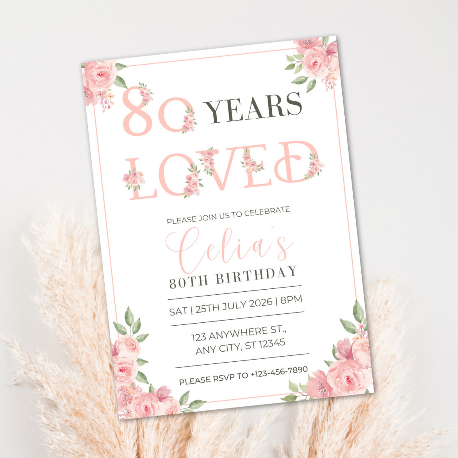 80 Years Loved Birthday Invitation Rose Floral 80th Birthday Evite ...