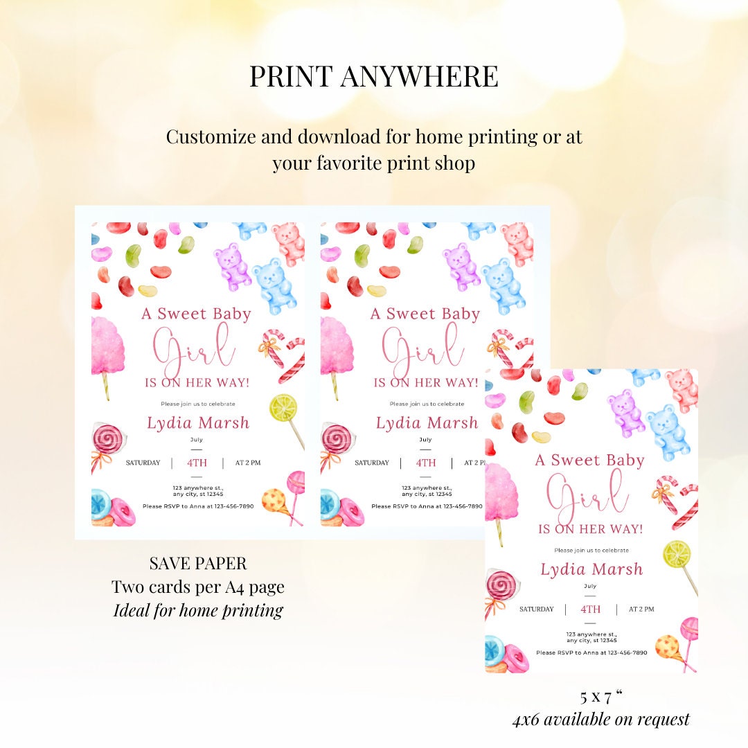 Candy Theme Baby Shower Thank You Note Template Sweet Baby Girl ...