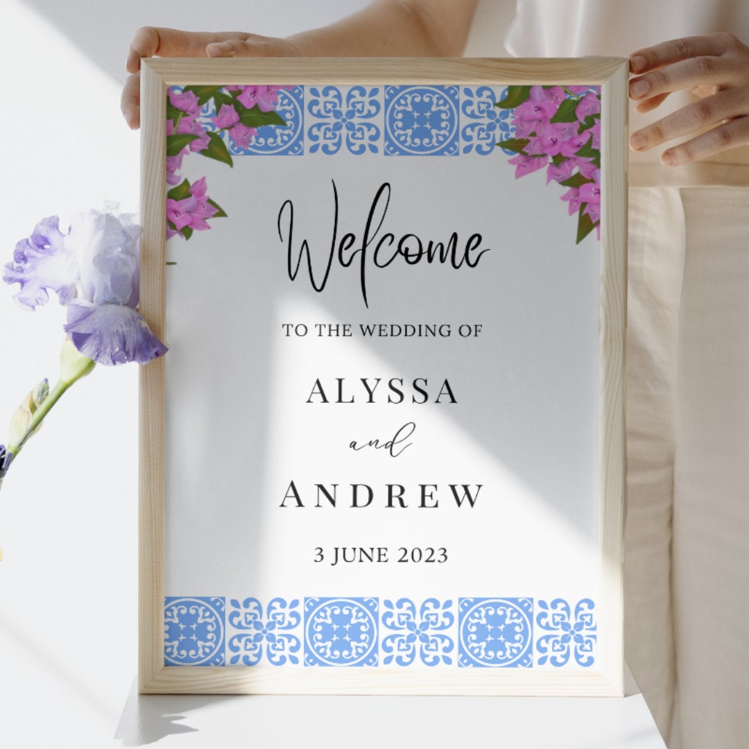 Spanish Style Wedding Welcome Sign Italian Fucsia Bougainvillea Azulejo ...