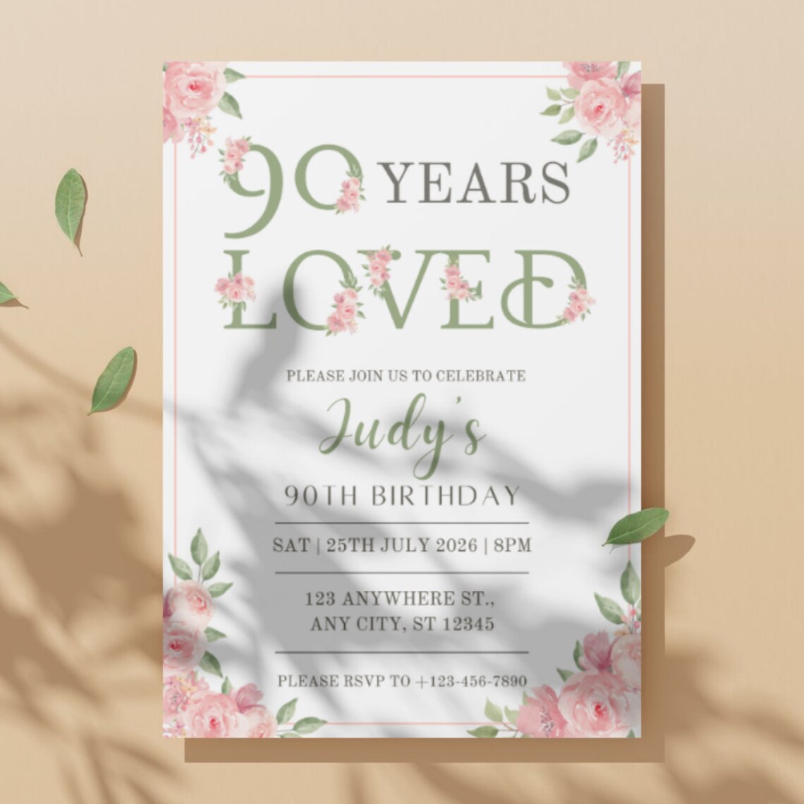 90 Years Loved Birthday Invitation 90th Birthday Evite Rose Birthday ...