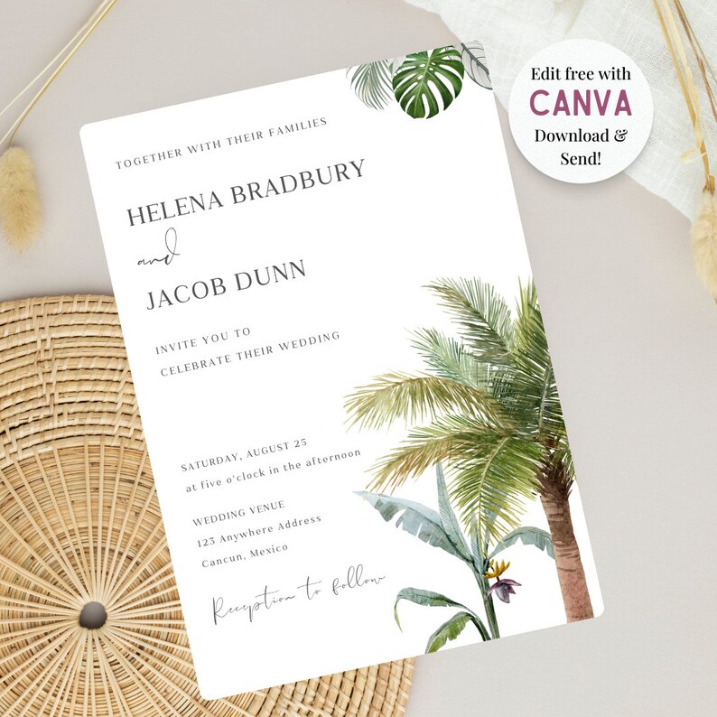 Palm Tree Wedding Invitation Template Minimal Tropical Wedding ...