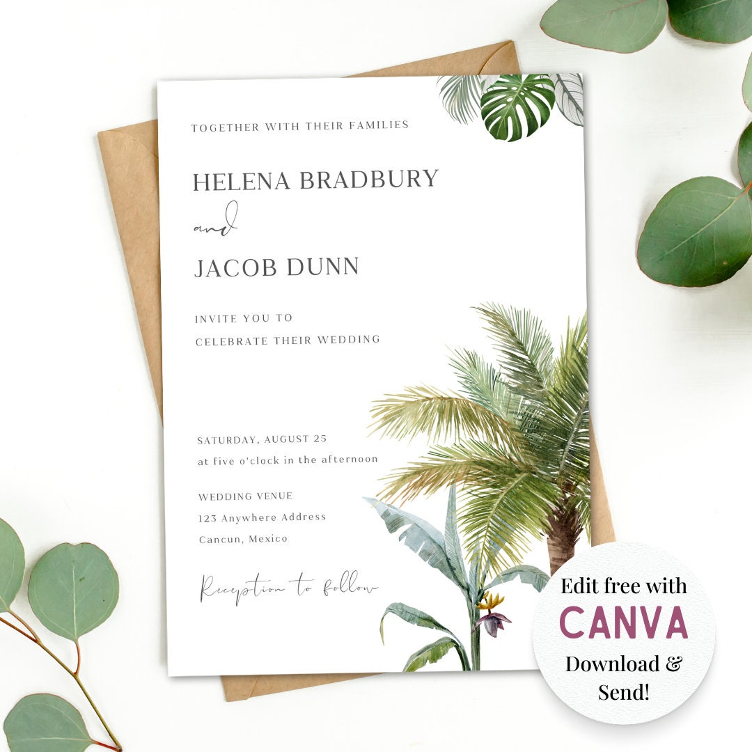 Palm Tree Wedding Invitation Template Minimal Tropical Wedding ...
