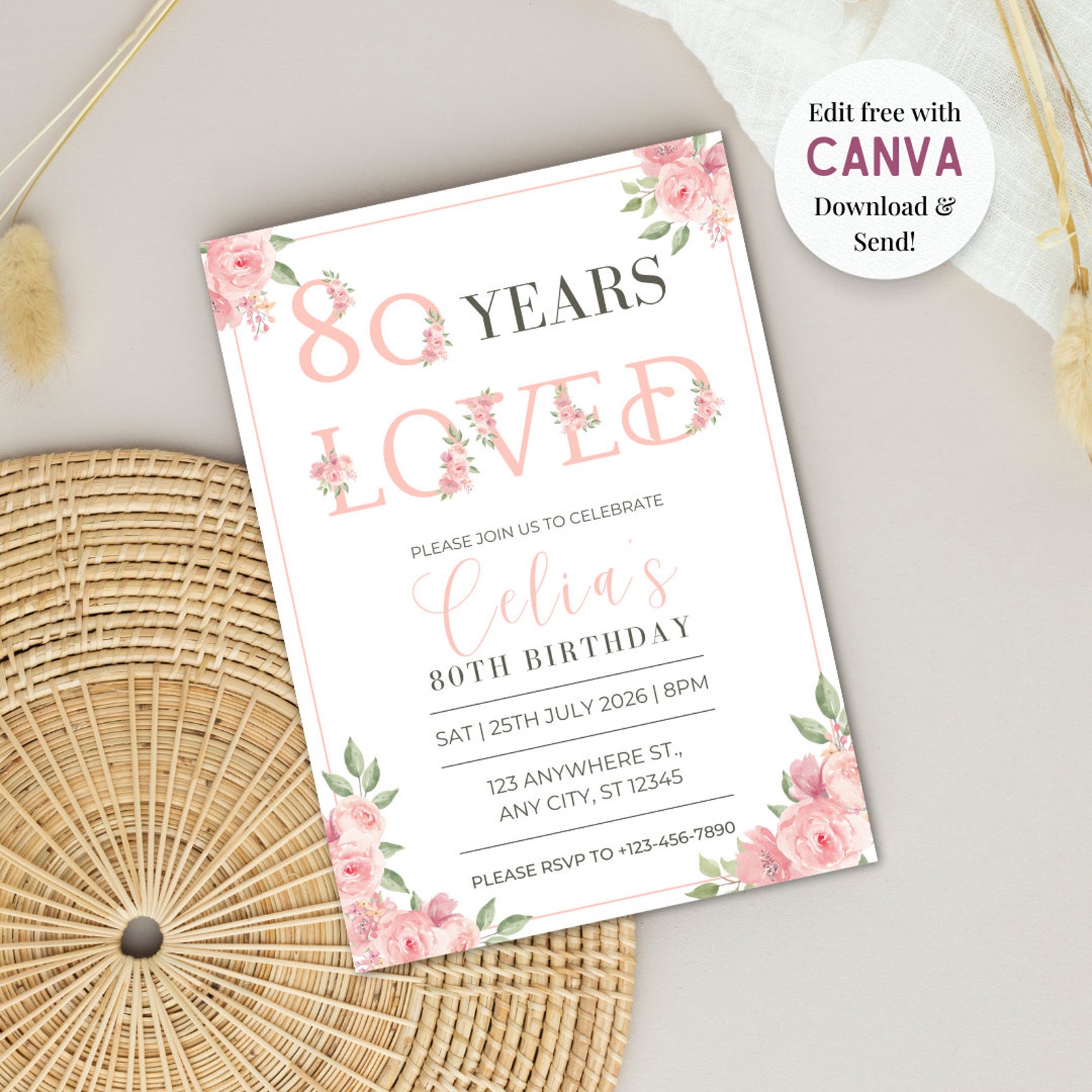 80 Years Loved Birthday Invitation Rose Floral 80th Birthday Evite ...