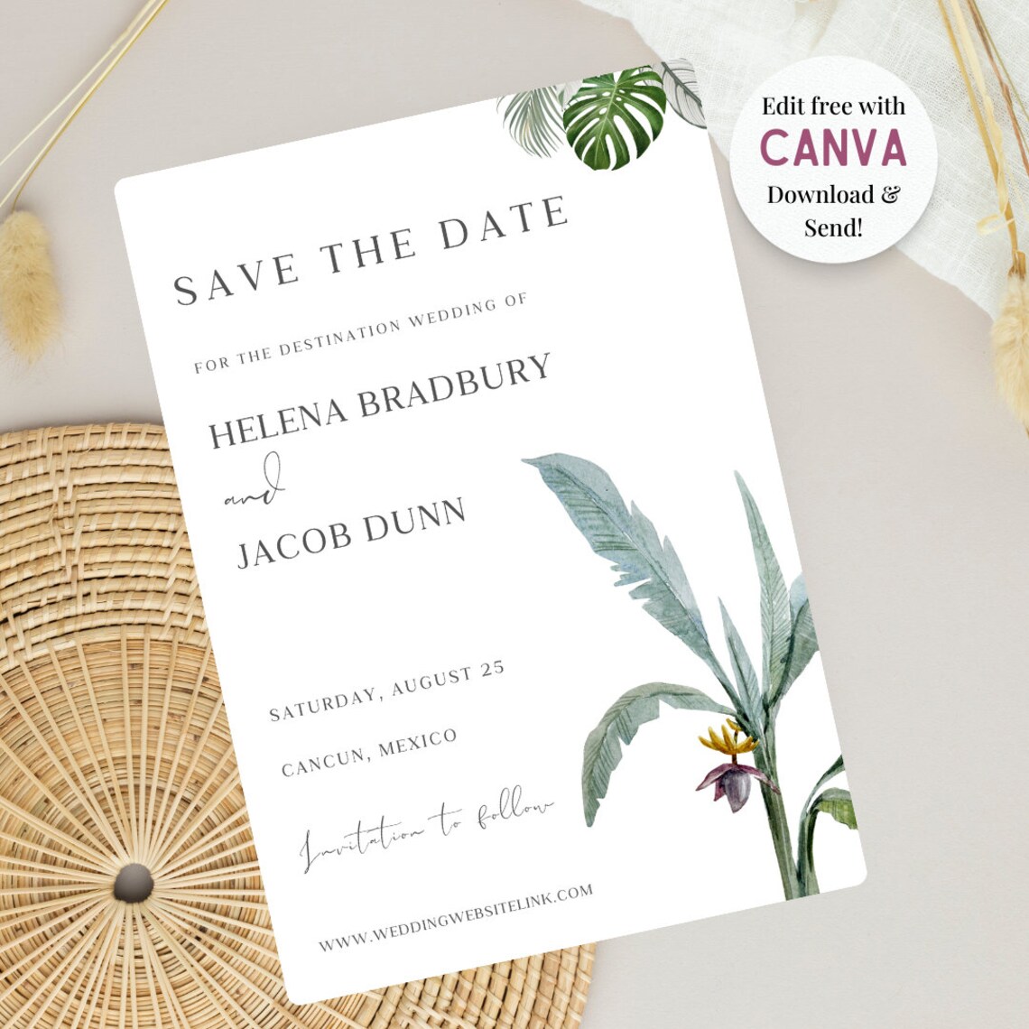 Palm Tree Wedding Invitation Template Save the Date Destination Beach Tropical Wedding Invite ...