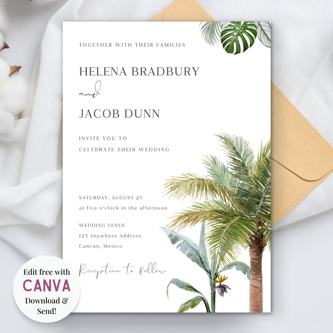 Palm Tree Wedding Invitation Template Minimal Tropical Wedding ...