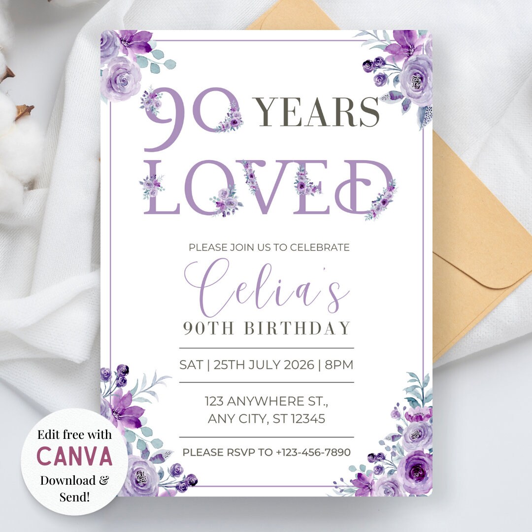 90 Years Loved Birthday Invitation, 90th Birthday Evite, Purple Rose ...