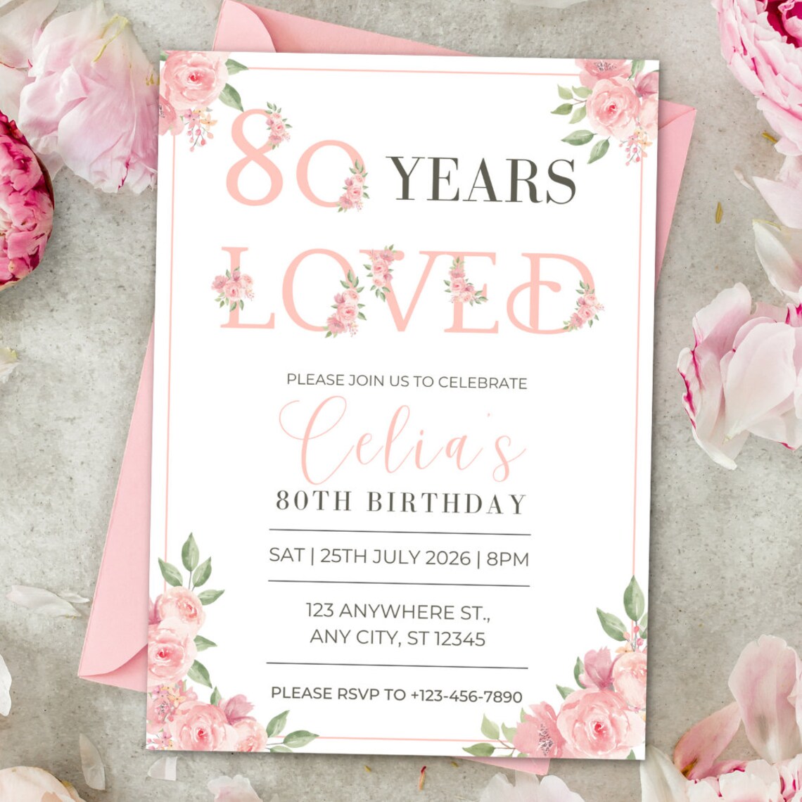 80 Years Loved Birthday Invitation Rose Floral 80th Birthday Evite ...