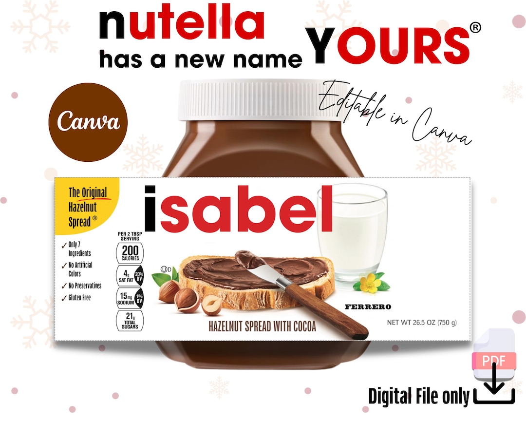 Editable Nutella Jar Labels, Canva Digital Template, Custom Nutella ...