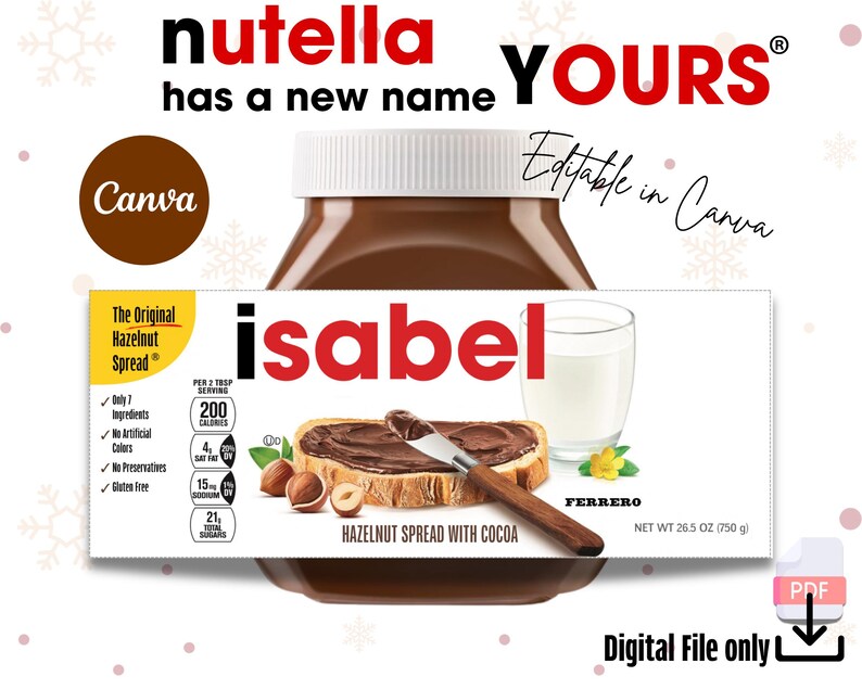 Editable Nutella Jar Labels, Canva Digital Template, Custom Nutella ...