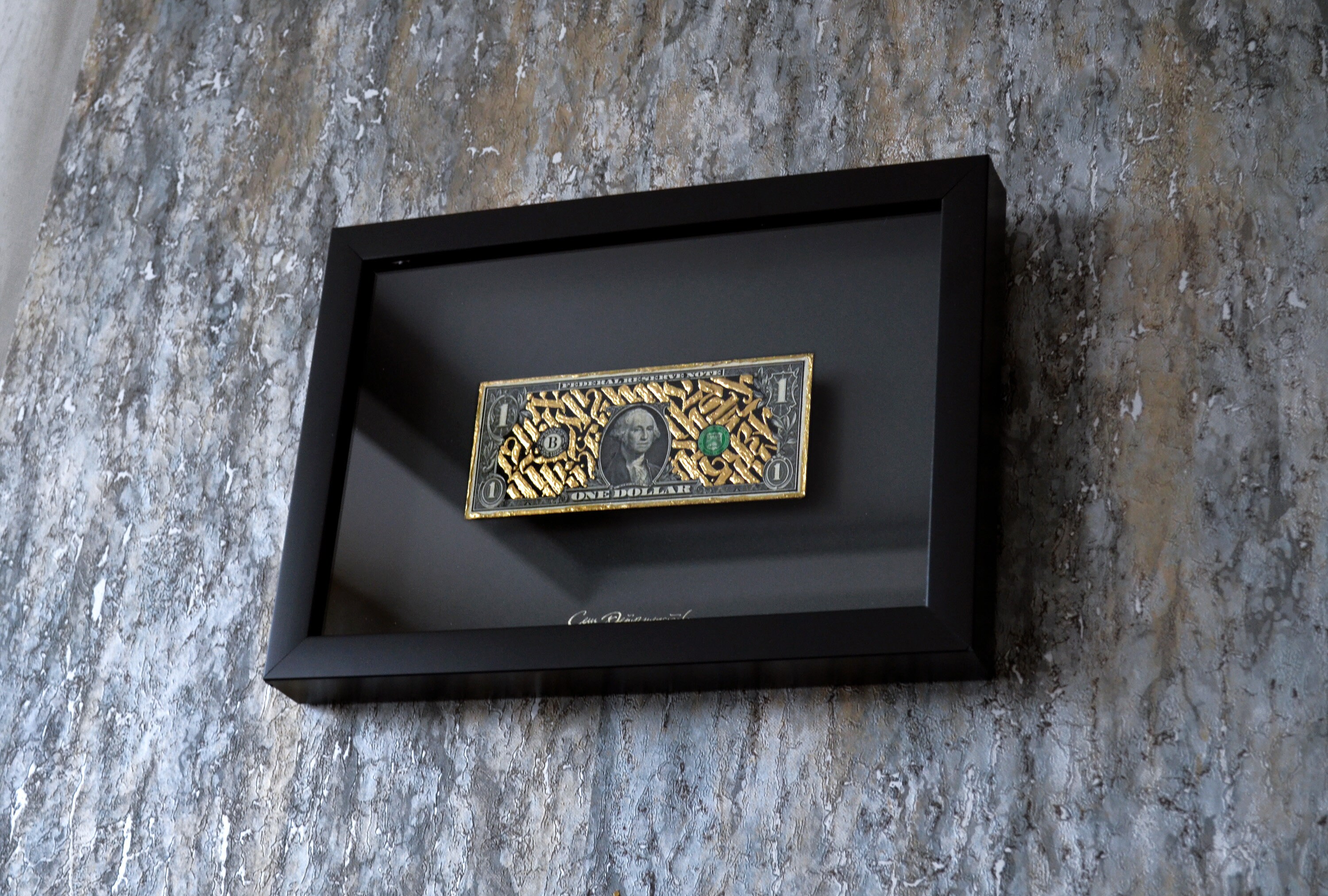 Unique Wall Art Calligraphic Dollar Bill Signed by Artist Faux Gold ...