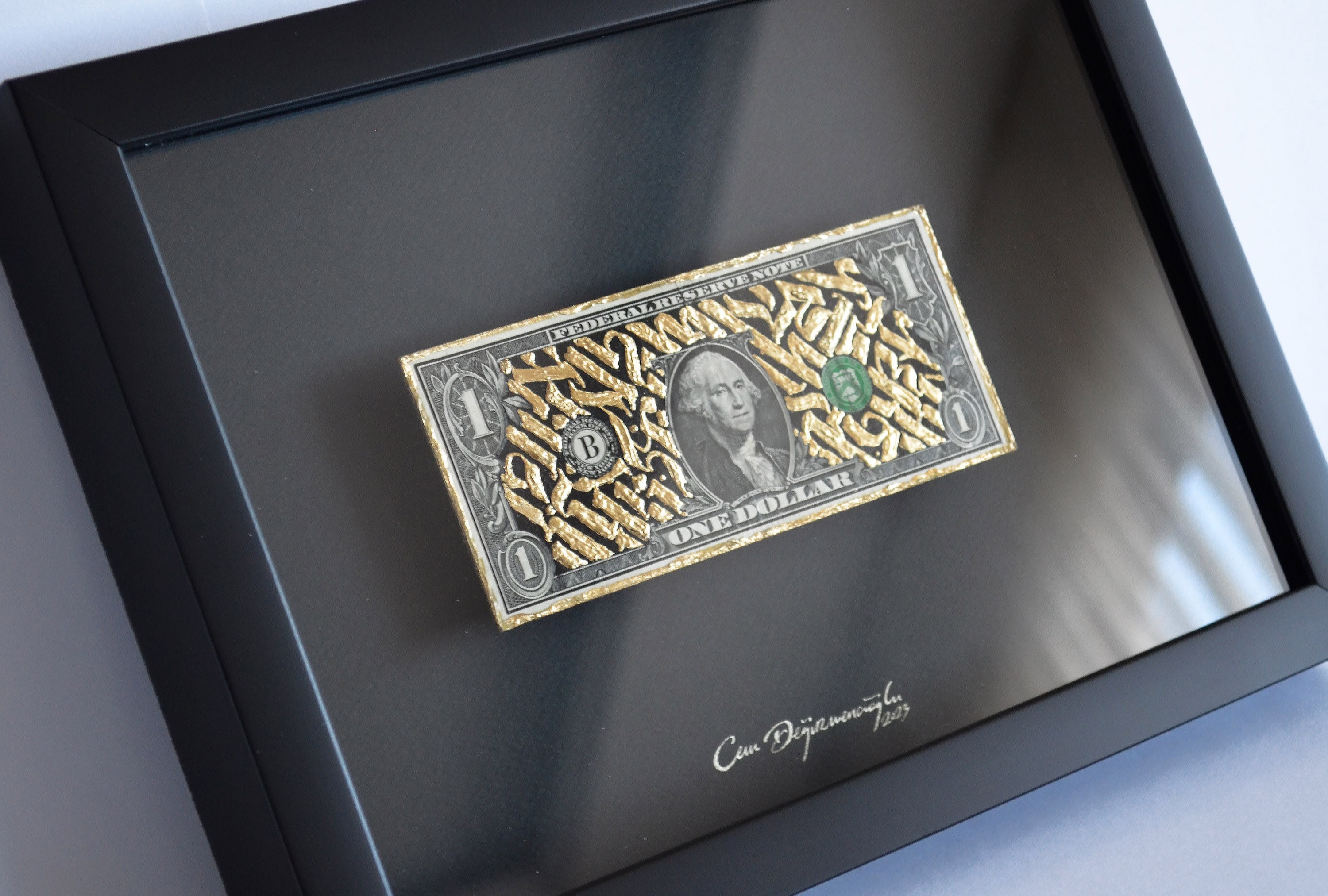 Unique Wall Art Calligraphic Dollar Bill Signed by Artist Faux Gold ...