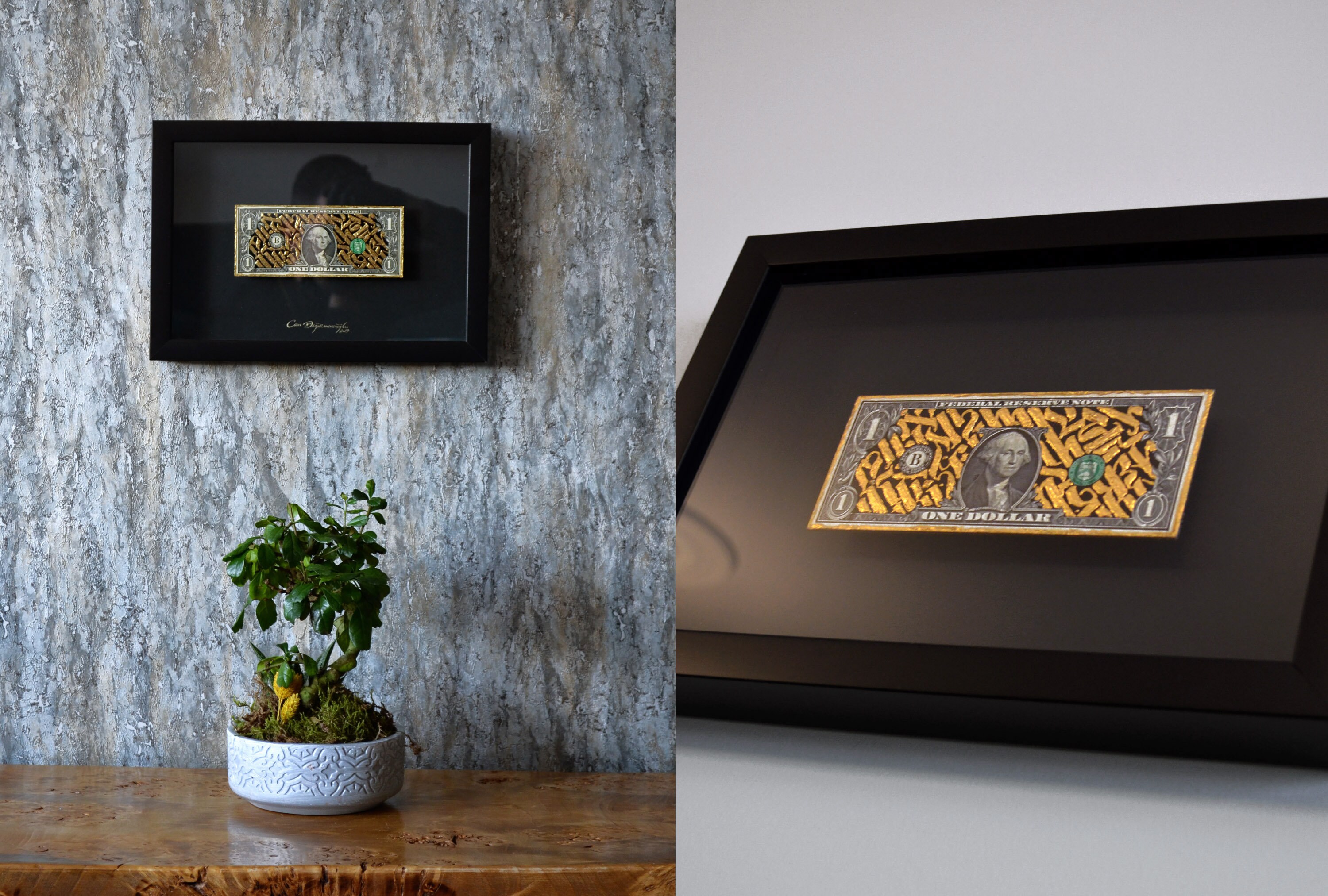 Unique Wall Art Calligraphic Dollar Bill Signed by Artist Faux Gold ...