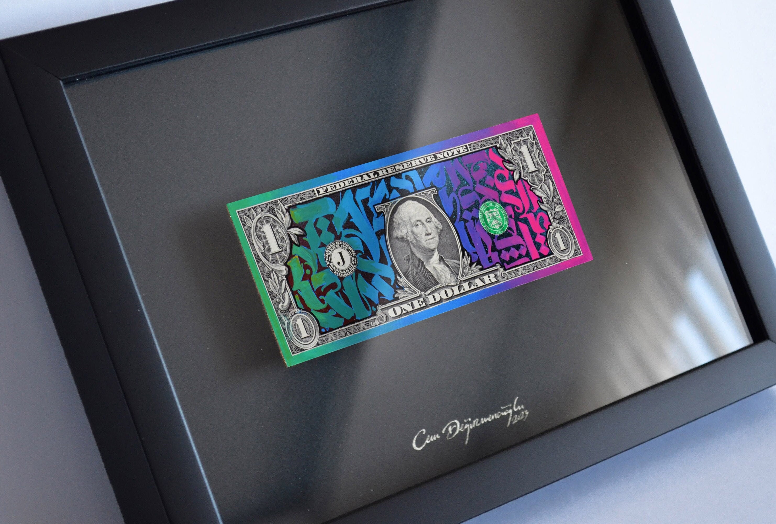 Calligraphic Dollar Bill Art: Rainbow Acrylic Paint, Framed Collectible ...