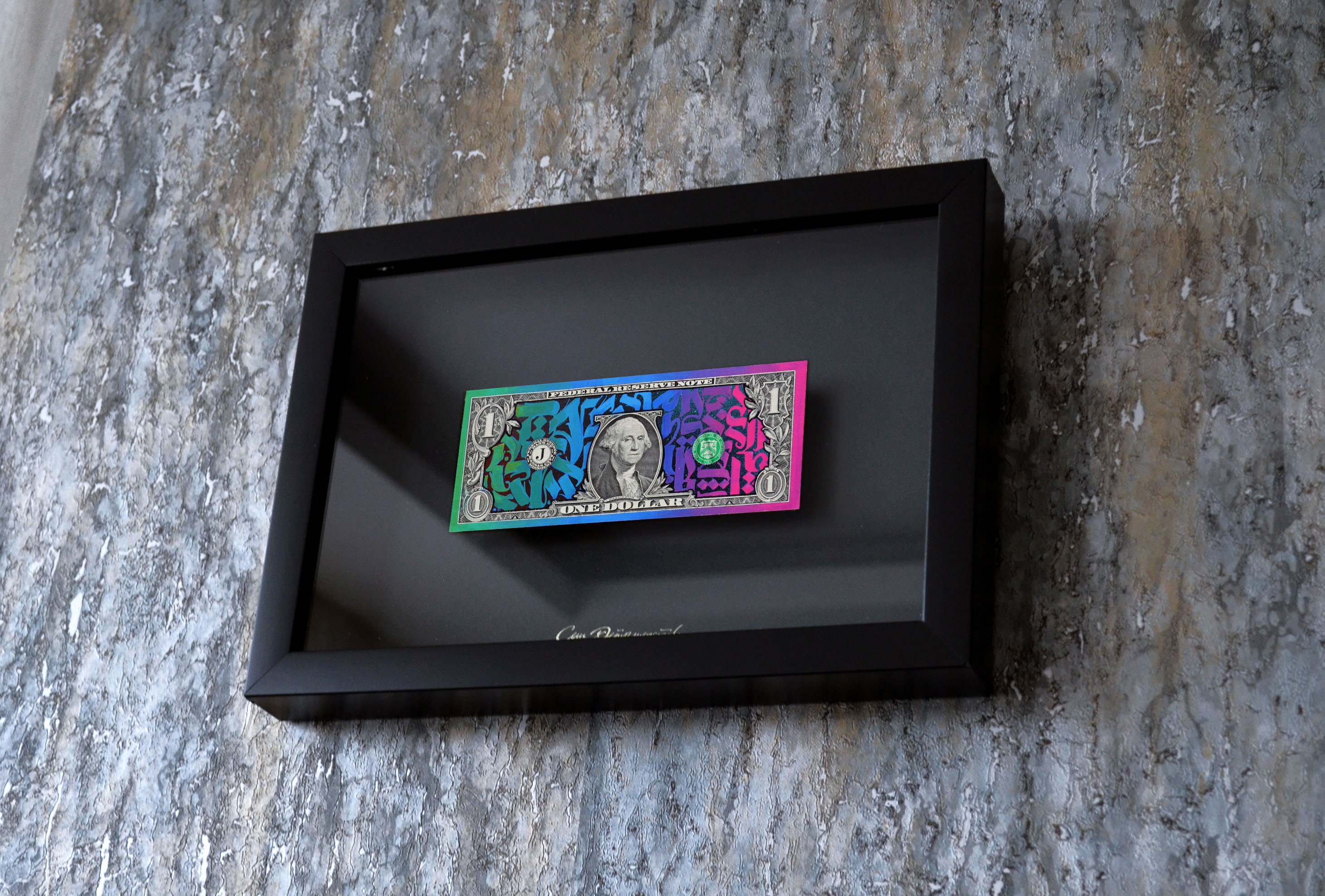 Calligraphic Dollar Bill Art: Rainbow Acrylic Paint, Framed Collectible ...