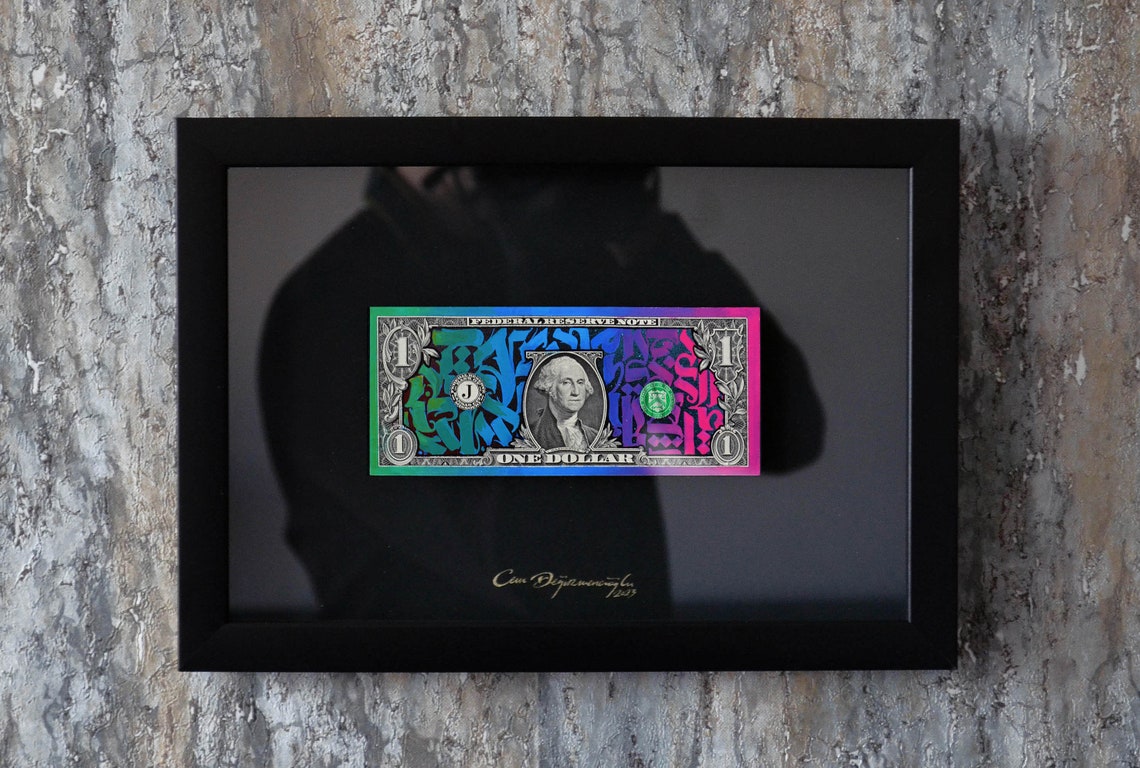 Calligraphic Dollar Bill Art: Rainbow Acrylic Paint, Framed Collectible ...