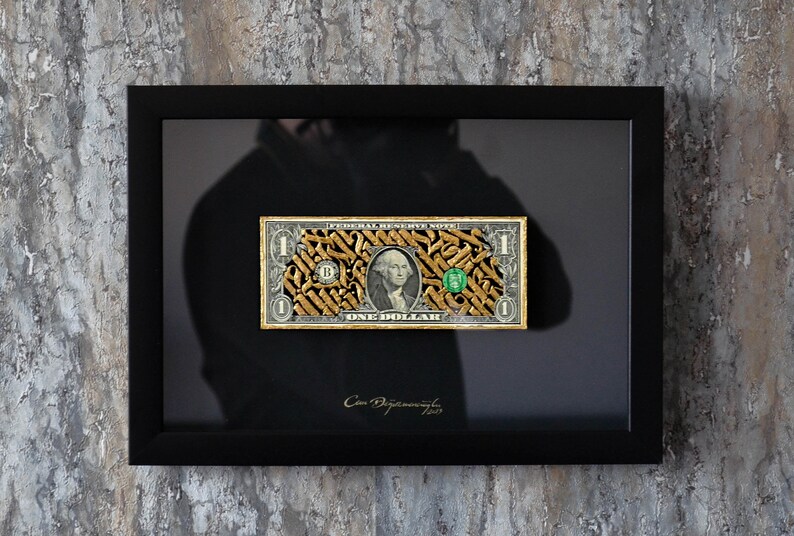 Unique Wall Art Calligraphic Dollar Bill Signed by Artist Faux Gold ...