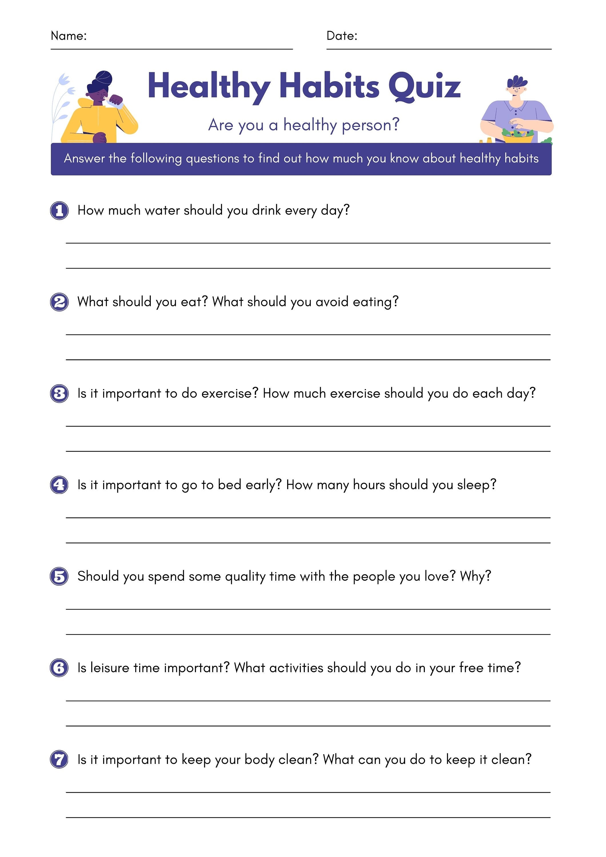 White Colorful Healthy Habits Quiz Worksheet - Etsy