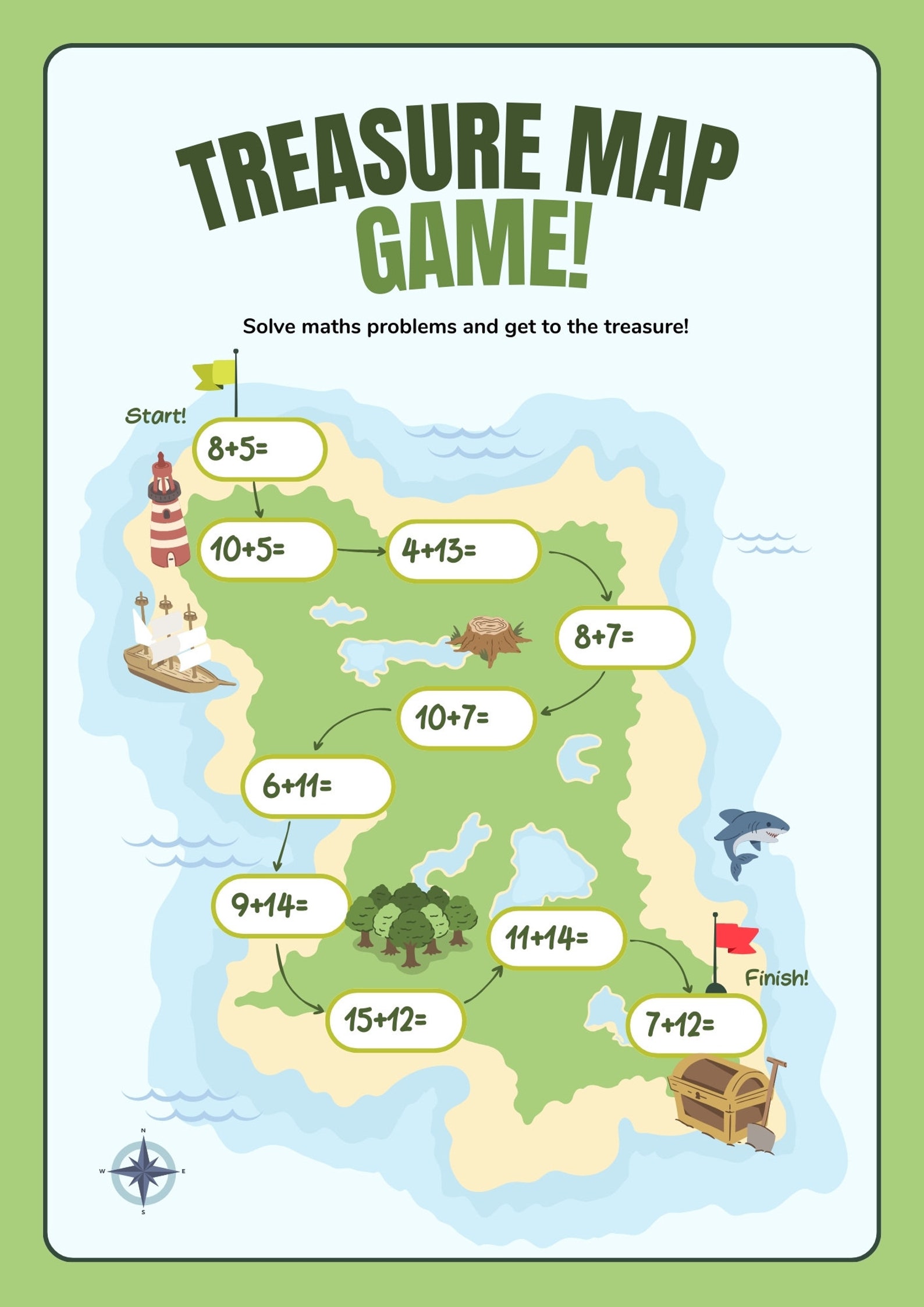 Trasure Map Math Game Worksheet Green and Blue Educational Style for ...