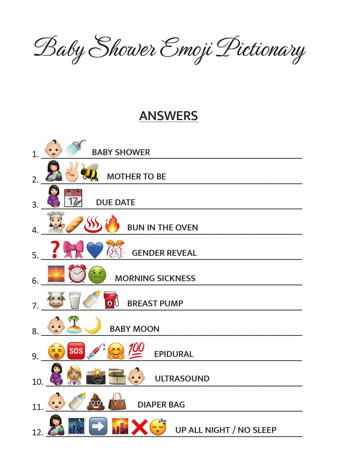 Baby Shower Emoji Pictionary Game Answers - Etsy