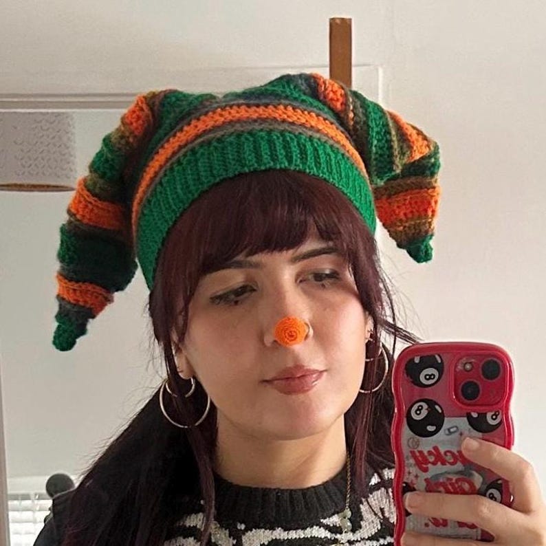 Crochet Jester Hat Beanie Handmade Green Orange Earthy Autumn Clown ...