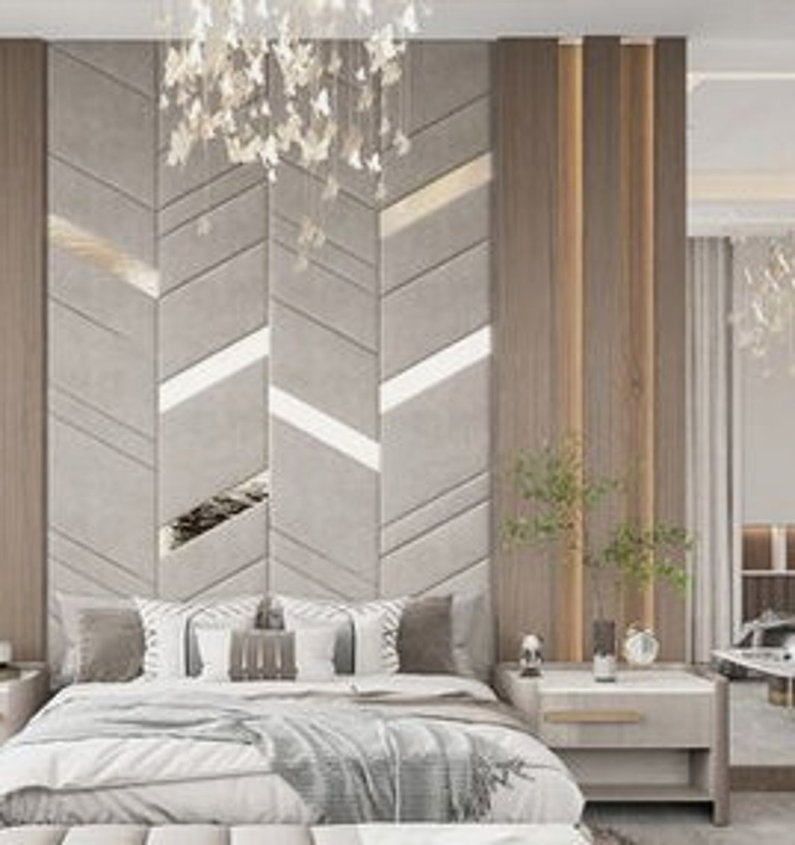 Unique Form Upholstered Wall Panels With Gold Lines Velvet Soft Fabric ...