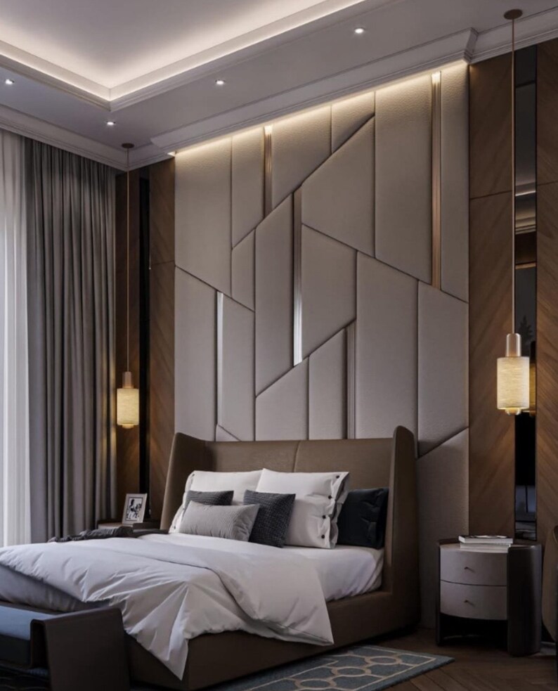 Unique Form Upholstered Wall Panels With Gold Lines Velvet Soft Fabric ...