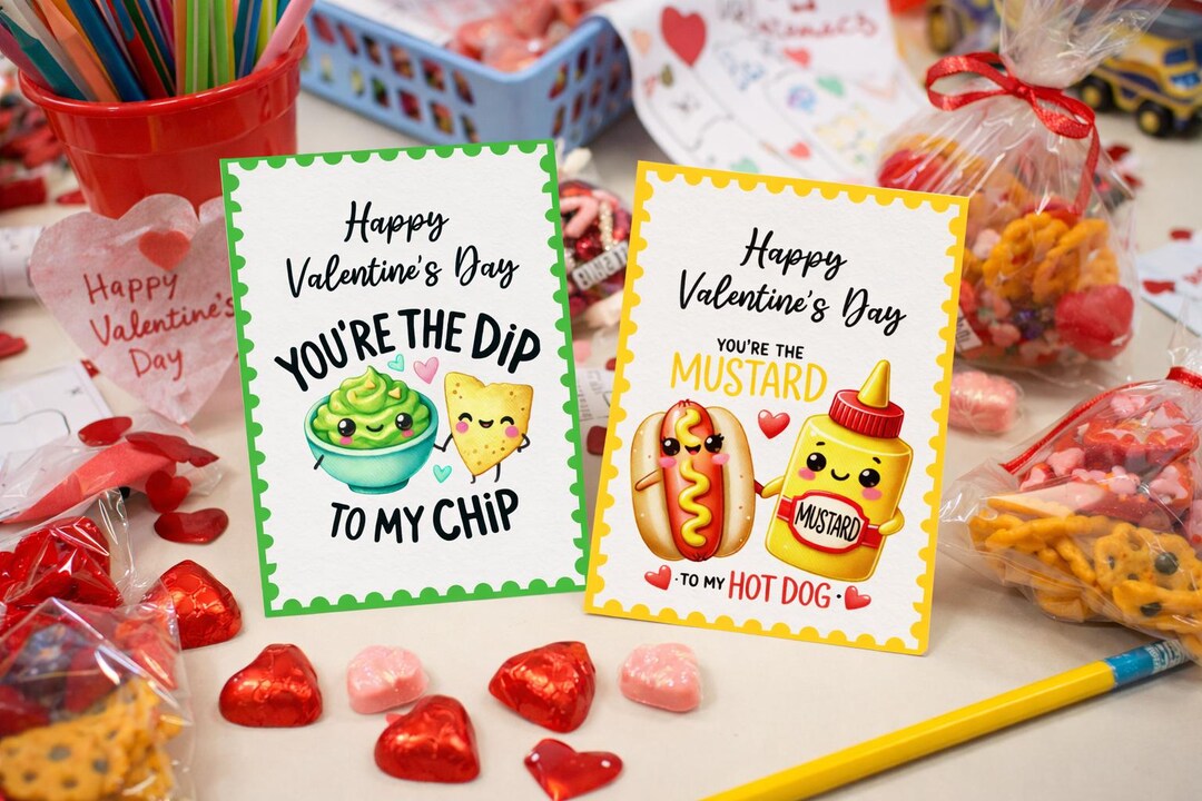 Food Pun Valentine Cards Printable | 24 Kids Classroom Valentines 2.5x3 ...
