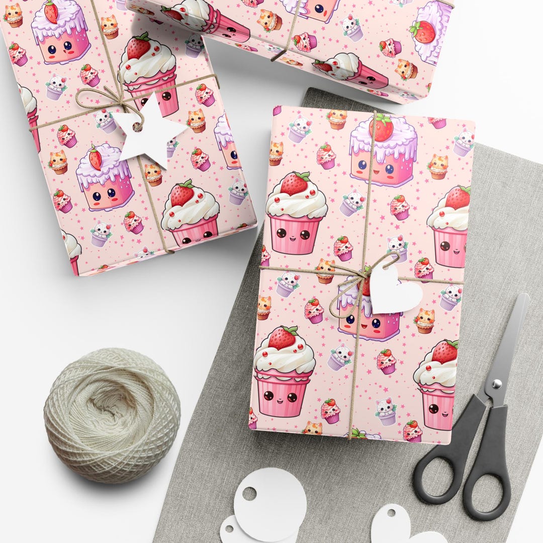 Pink Cute Birthday Wrapping Paper With Cakes, Cupcakes, and Kittens ...