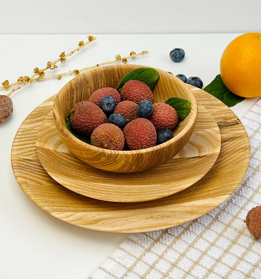 Set of 3. Handcraft Ash Bowl and 2 Plates. Wood Salad Fruit Bowls ...