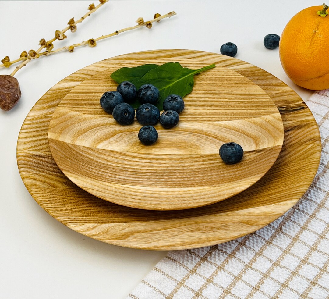 Set of 2 Wooden Ash Plates. Flat Round Plate Food Tableware. Serving ...