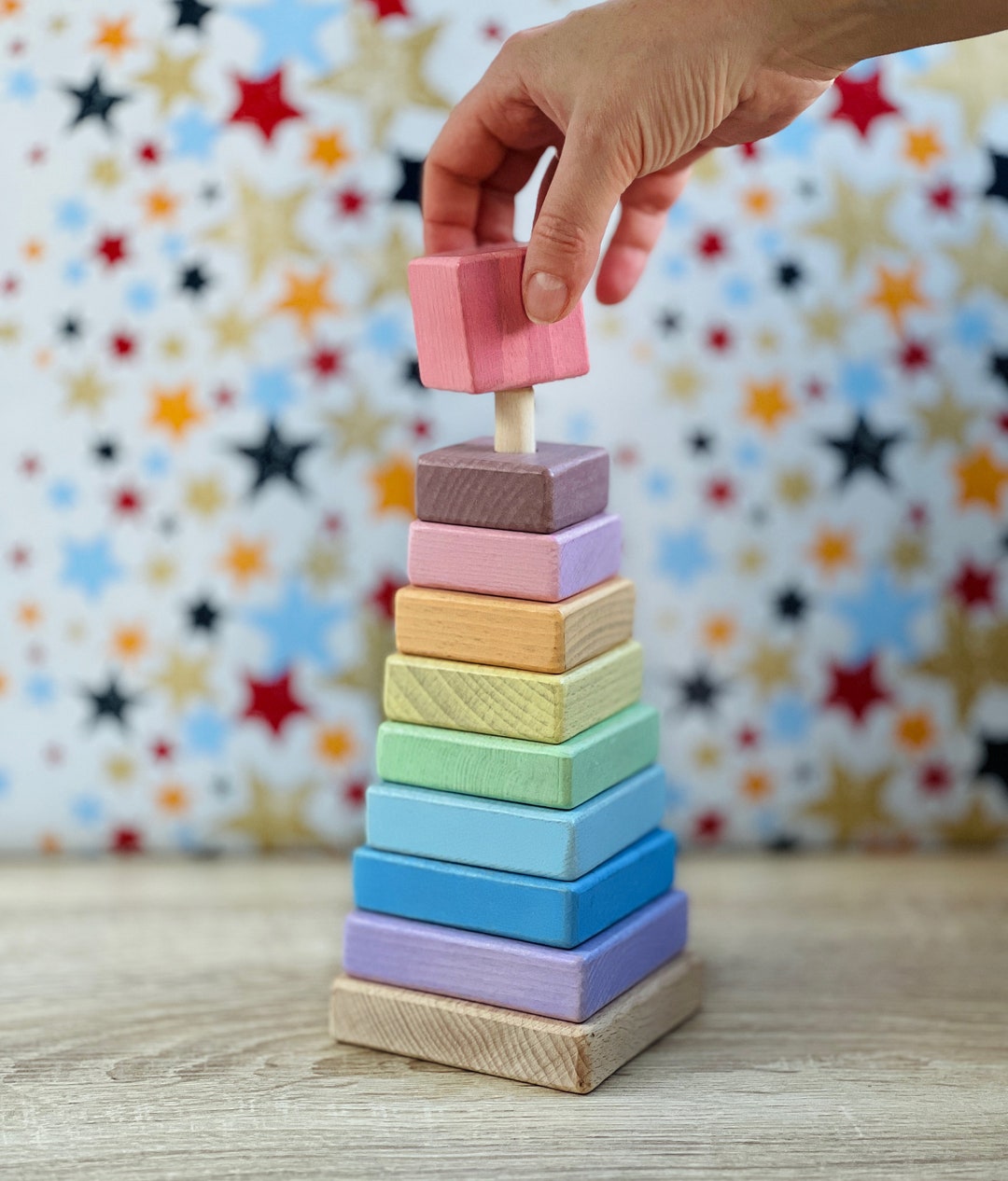 Rainbow Eco Wood Stacker Square Pyramid| Montessori Sensory Educational ...