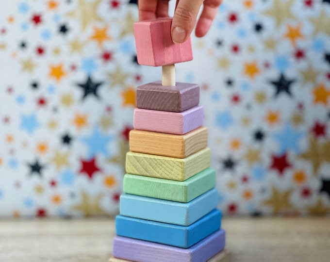 Rainbow Eco Wood Stacker Square Pyramid| Montessori Sensory Educational ...