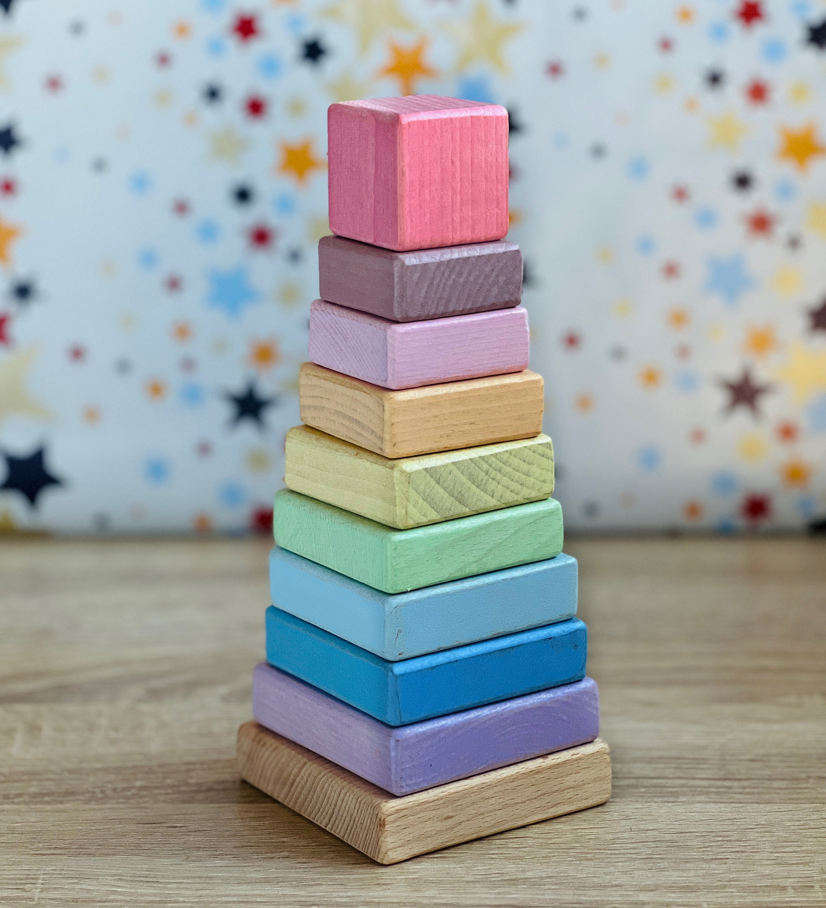 Rainbow Eco Wood Stacker Square Pyramid Montessori Sensory Educational ...