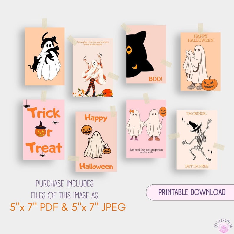 Halloween Printable Cards: Funny Ghost, Pumpkin, Cat Designs (PDF ...