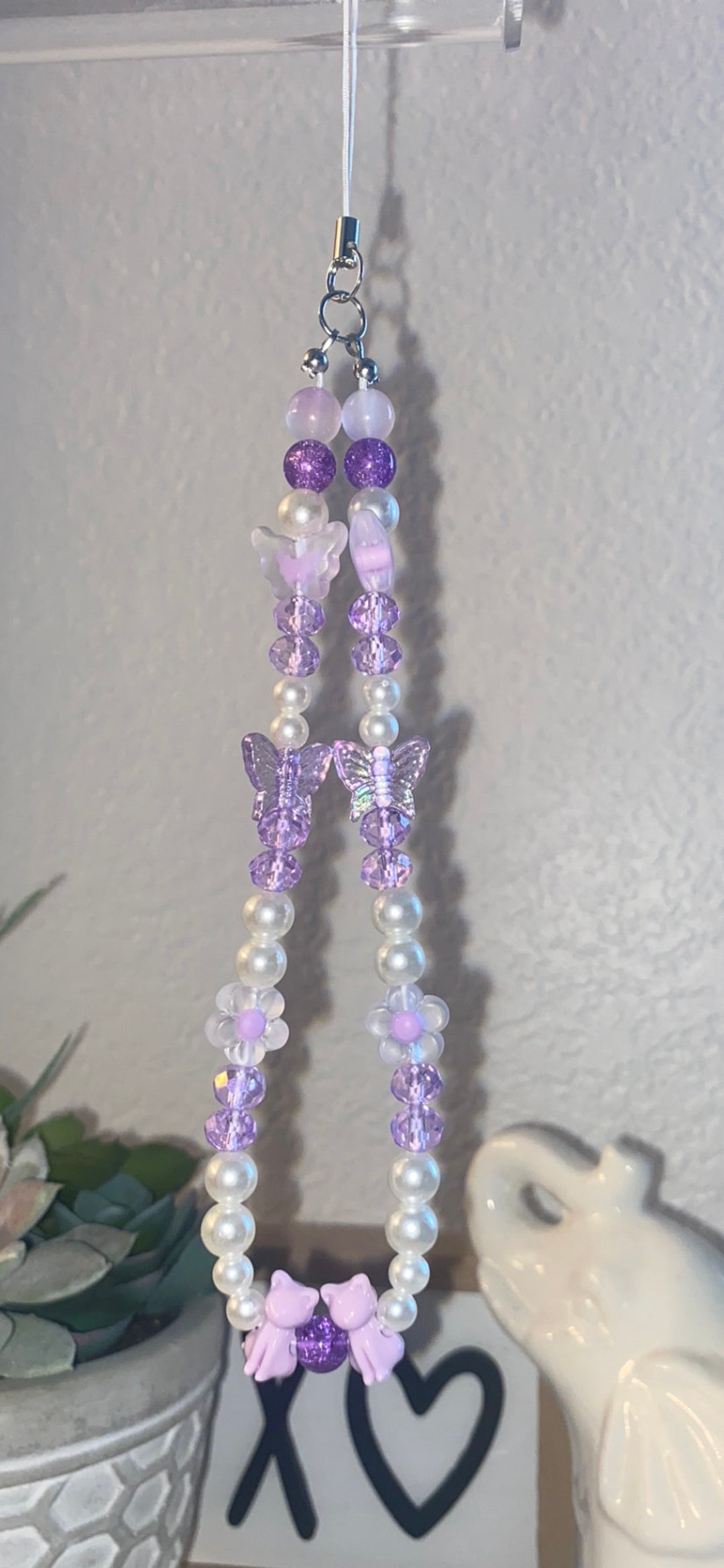 Kitty Cell Phone Charm/purple Keychain/ Butterflies/ Flowers - Etsy
